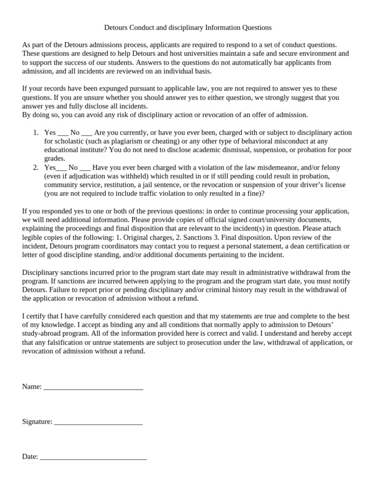Detours Conduct and Disciplinary Information Questions | PDF ...