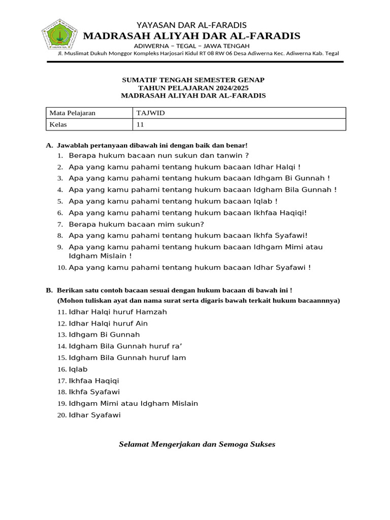 Tajwid Kelas 11 Sts Genap 2024-2025 | PDF