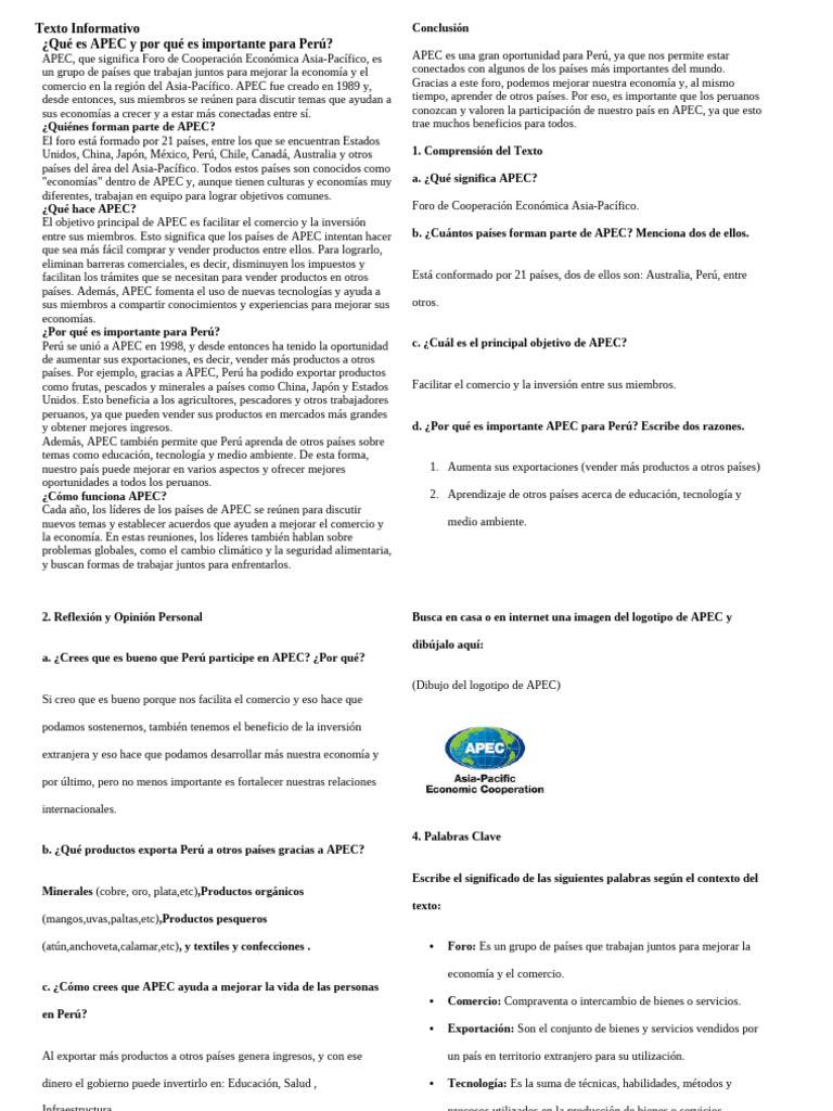 Ficha Com. Leemos sobre APEC[1] | PDF | Cooperacion economica Asia Pacifico | Perú