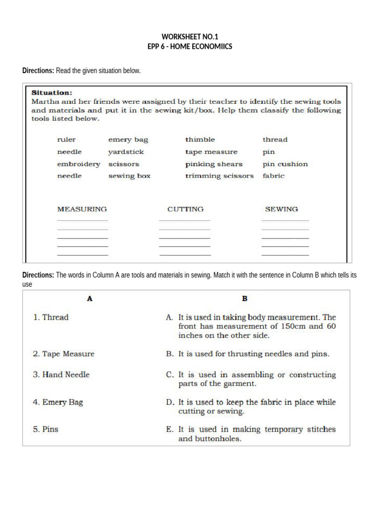 Sewing Tools and Materials Worksheet | PDF