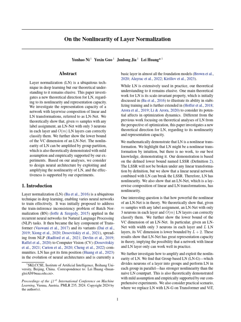 ICML on the Nonlinearity of Layer Normalization | PDF | Deep Learning | Euclidean Space