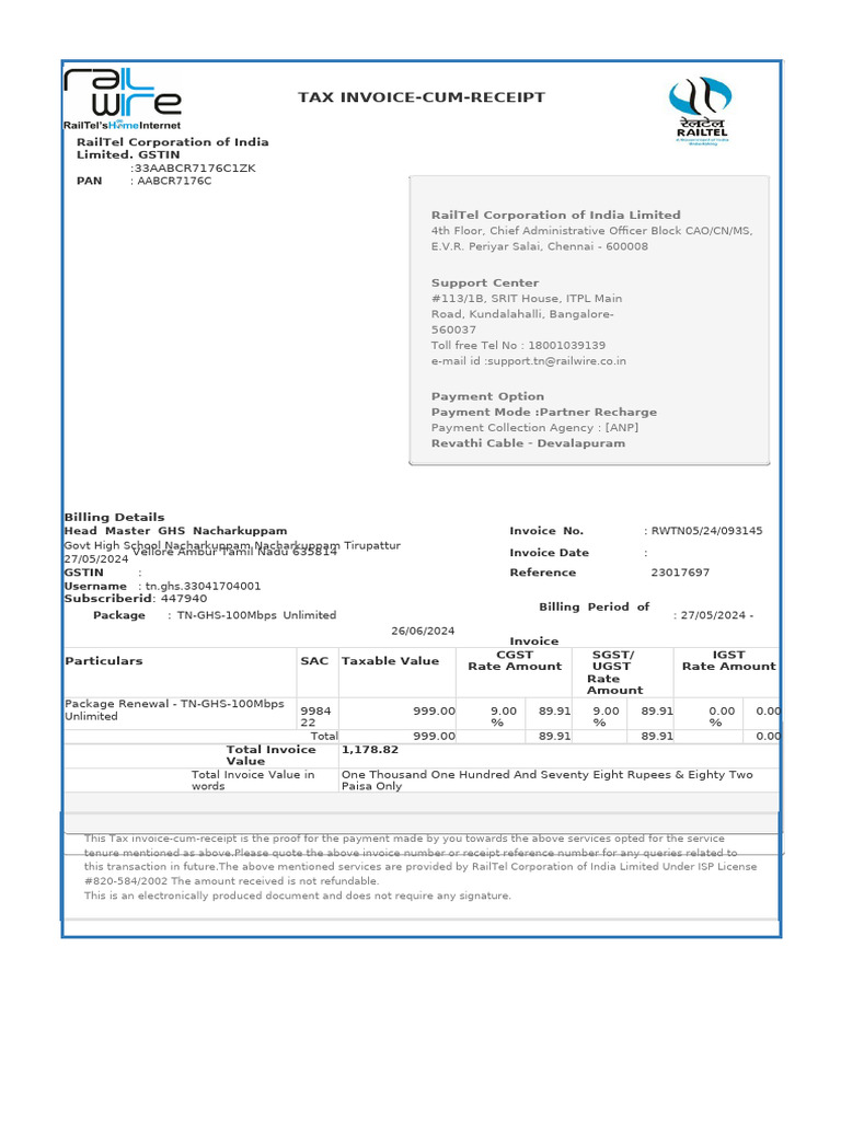 01_Railwire_Subscriber_Invoice_May_2024 | PDF | Government Finances | Taxes