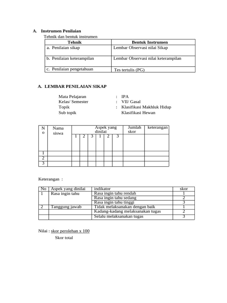 Instrumen Penilaian IPA Kelas VII | PDF