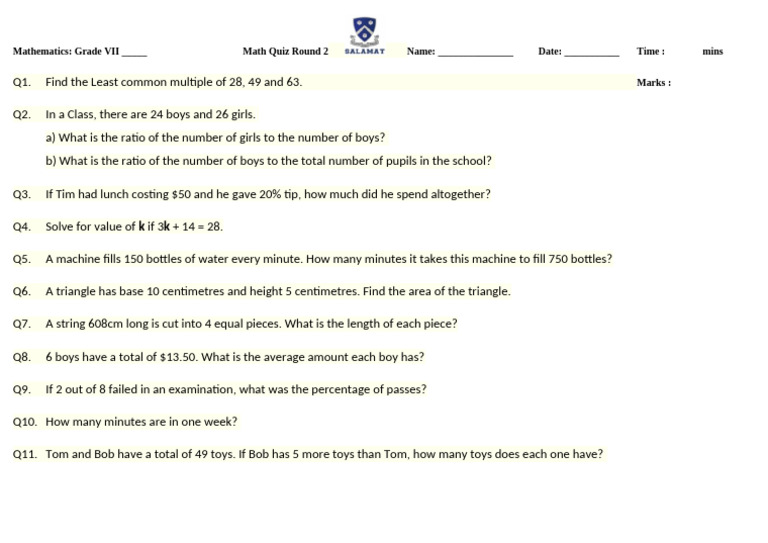 Math quiz Round 2 Gr 7 | PDF