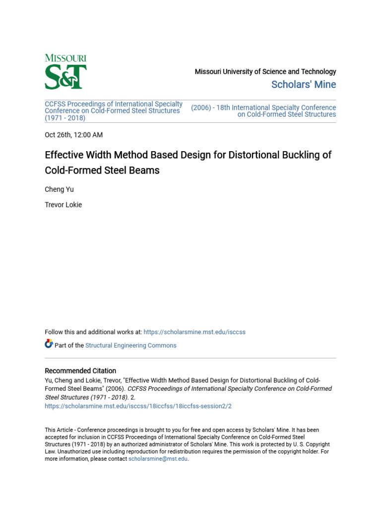 Effective Width Method Based Design For Distortional Buckling of | PDF ...