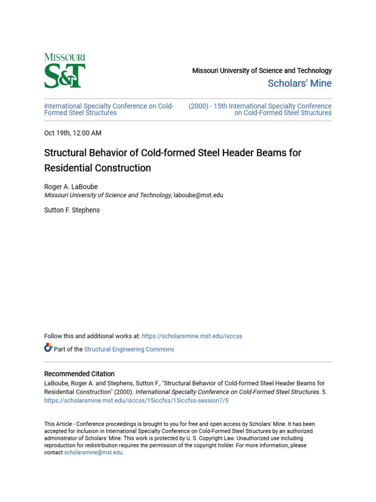 Structural Behavior of Cold-formed Steel Header Beams for Residen | PDF ...