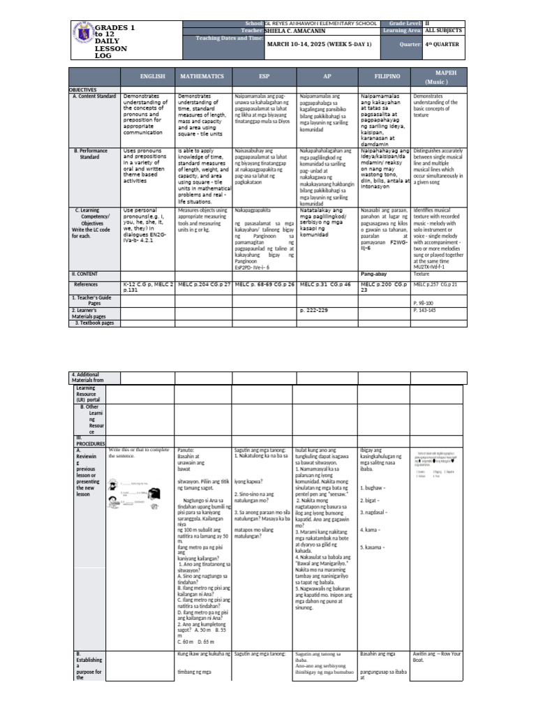 DLL_ALL SUBJECTS 2_Q4_W5_D1 | PDF