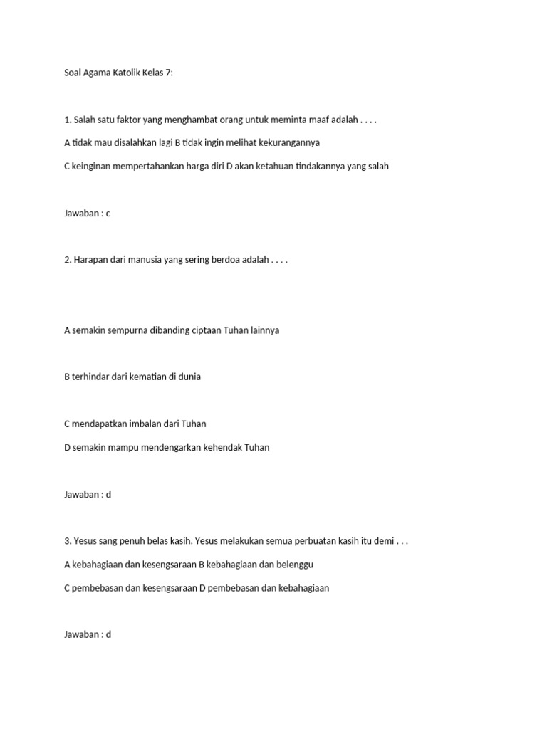 Soal Agama Katolik Kelas 7 | PDF