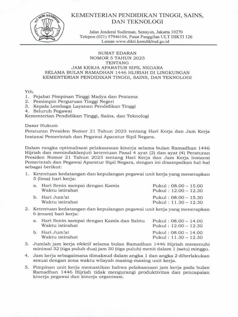 Surat Edaran Jam Kerja ASN Selama Bulan Puasa 2025 | PDF