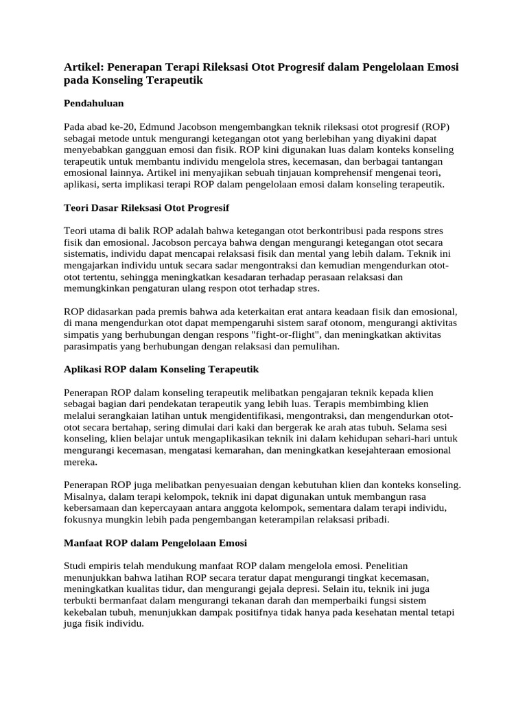 Penerapan Terapi Rileksasi Otot Progresif Dalam Pengelolaan Emosi Pada Konseling Terapeutik | PDF