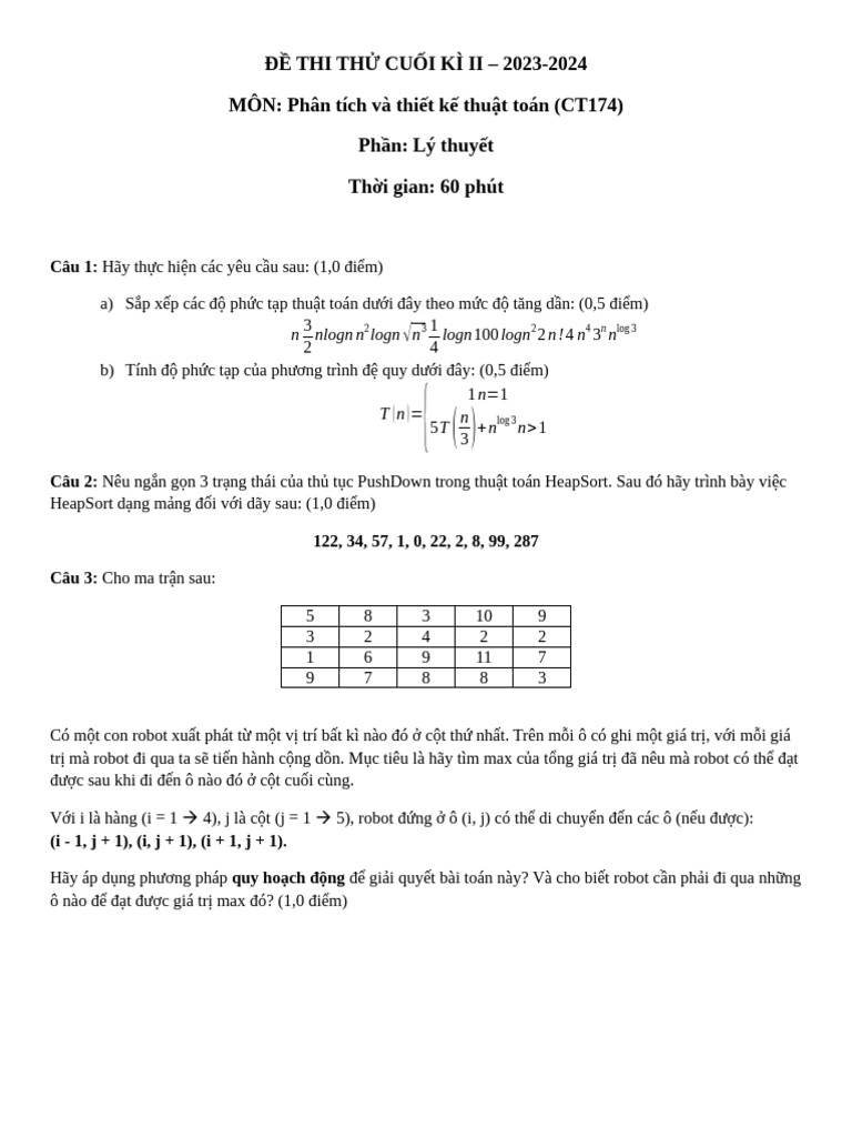 ĐỀ THI THỬ CUỐI KÌ II - CT174 | PDF