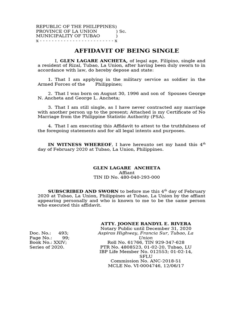 Affidavit of Being Single Ancheta | PDF