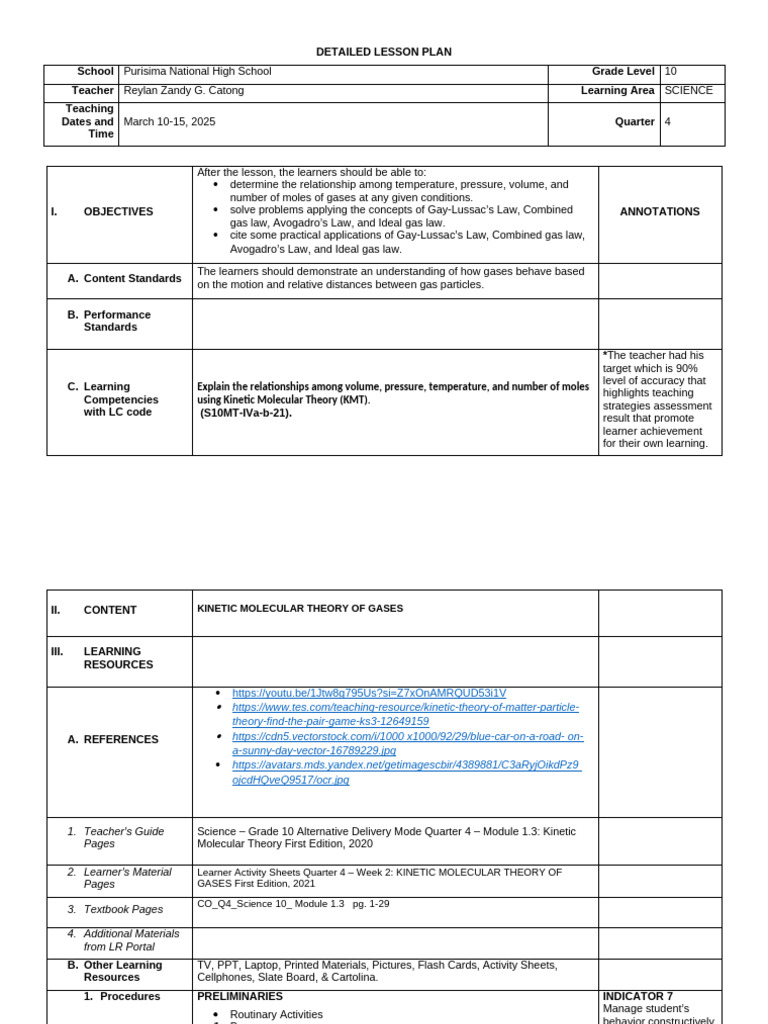 Kinetic Molecular Theory Lesson Plan | PDF | Gases | Learning