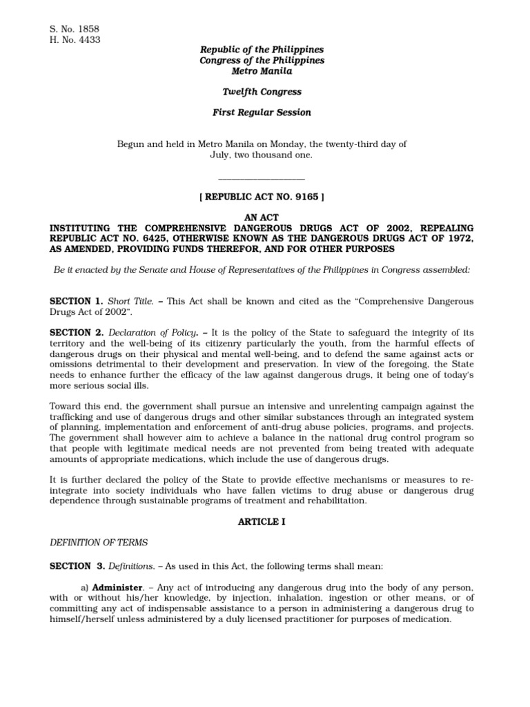 REPUBLIC-ACT-NO-9165-COMPREHENSIVE-DANGEROUS-DRUGS-ACT-OF-2002 | PDF | Psychoactive Drugs | Narcotic