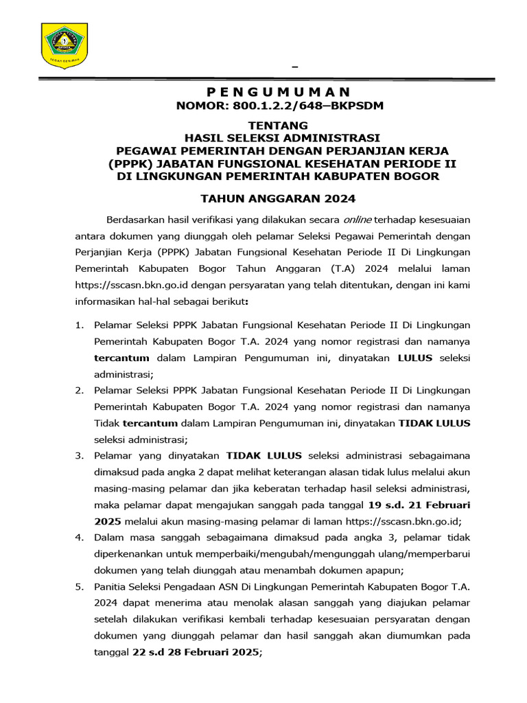 Pengumuman Seleksi Administrasi PPPK Nakes Tahap II 2024 | PDF