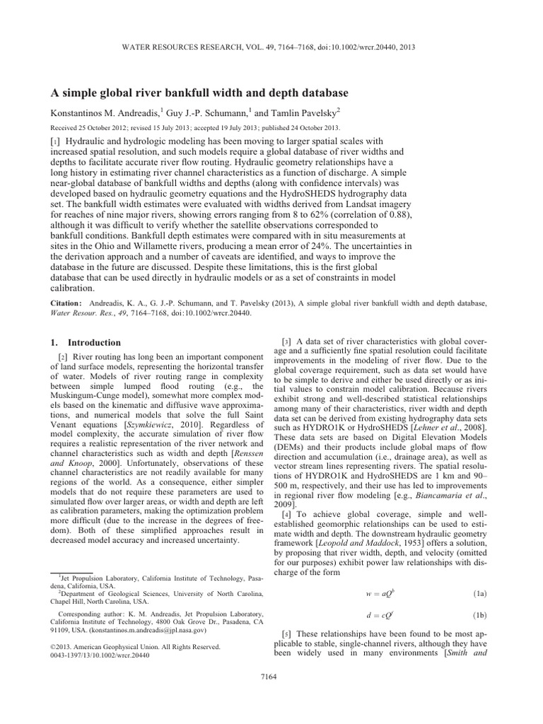 Water Resources Research - 2013 - Andreadis - A Simple Global River Bankfull Width and Depth ...