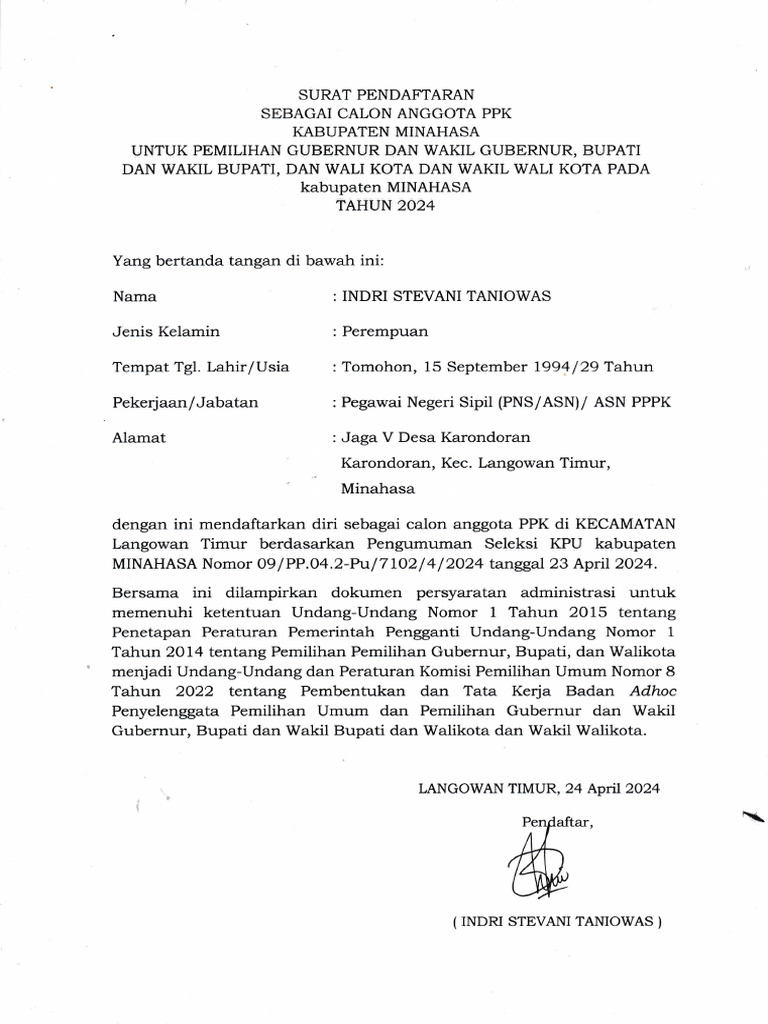 Surat Pendaftaran - Indri - Stevani - Taniowas | PDF