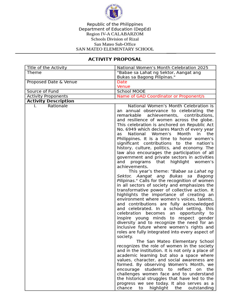 Activity Proposal Women's Montn 2025 | PDF