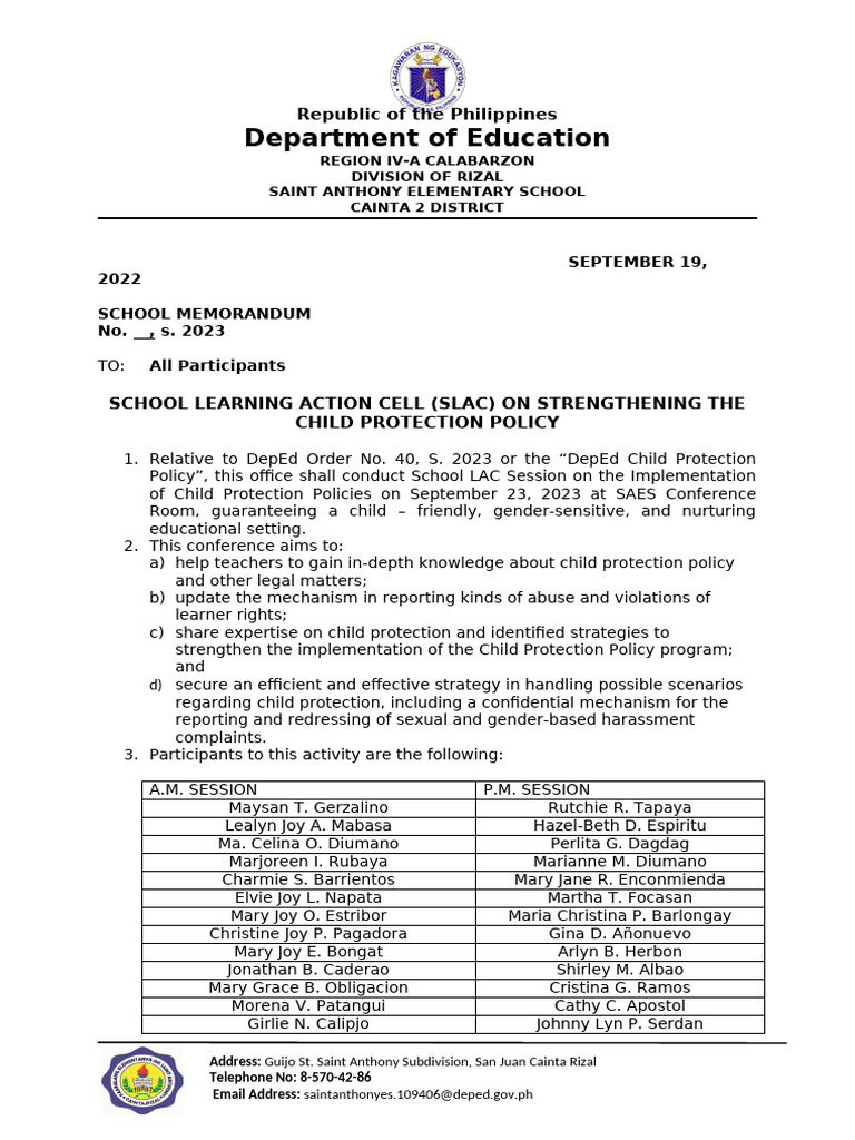 Guijo Elementary School Child Protection Memo | PDF