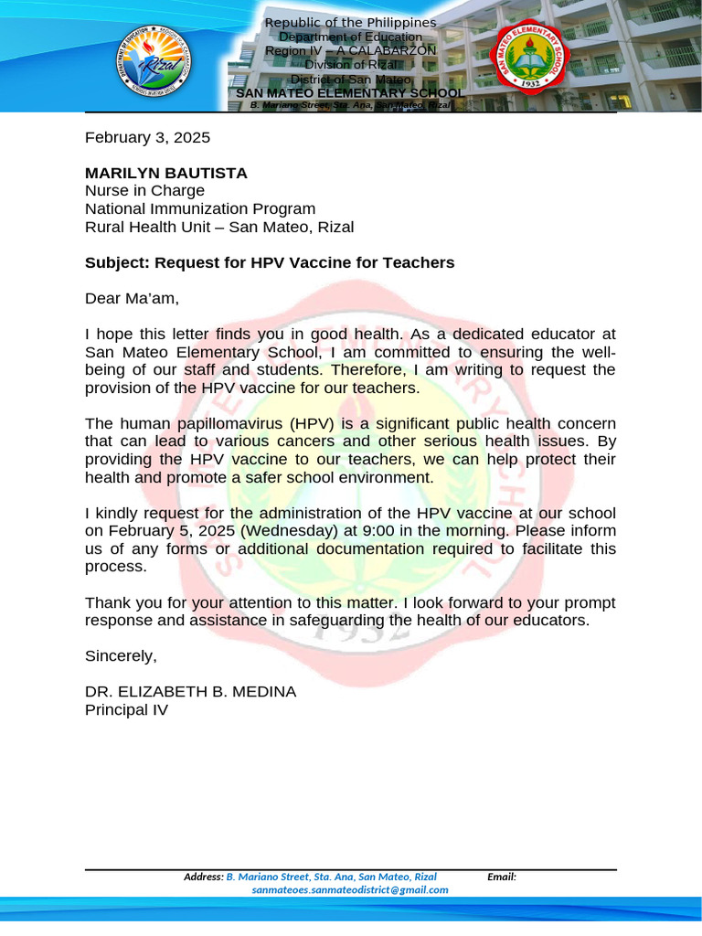 Request for HPV Vaccine for Teachers | PDF