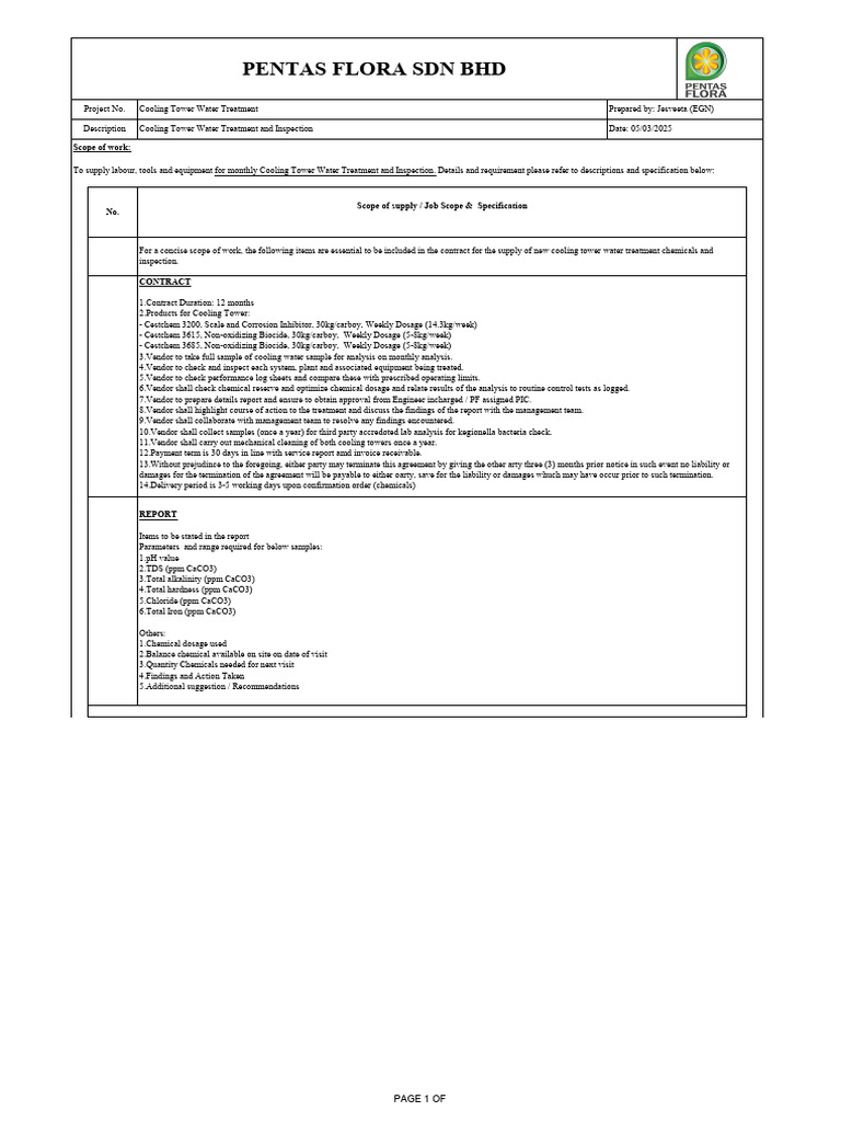 Work Scope - Cooling Tower Water Treatment Chemical | PDF | Waste