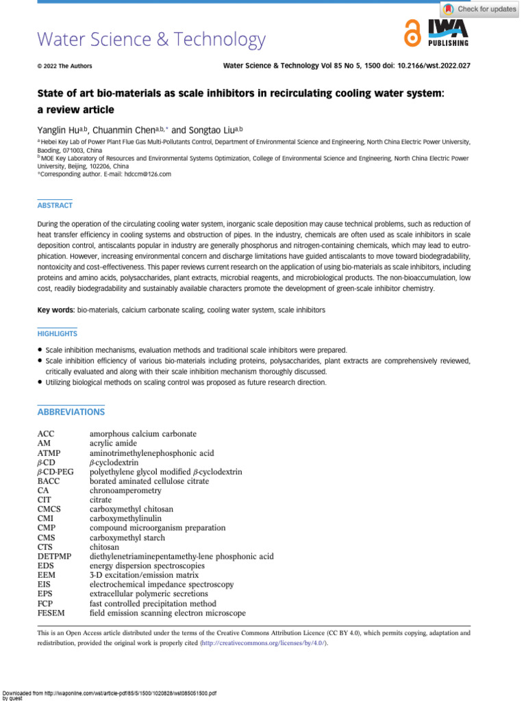 State of Art Biomaterials As Scale Inhibitors in Recirculating Cooling ...
