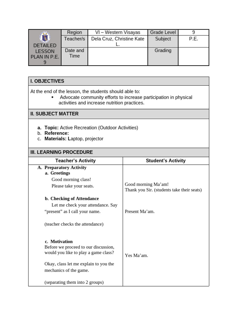 Detailed Lesson Plan in Plan | PDF | Recreation | Physical Fitness