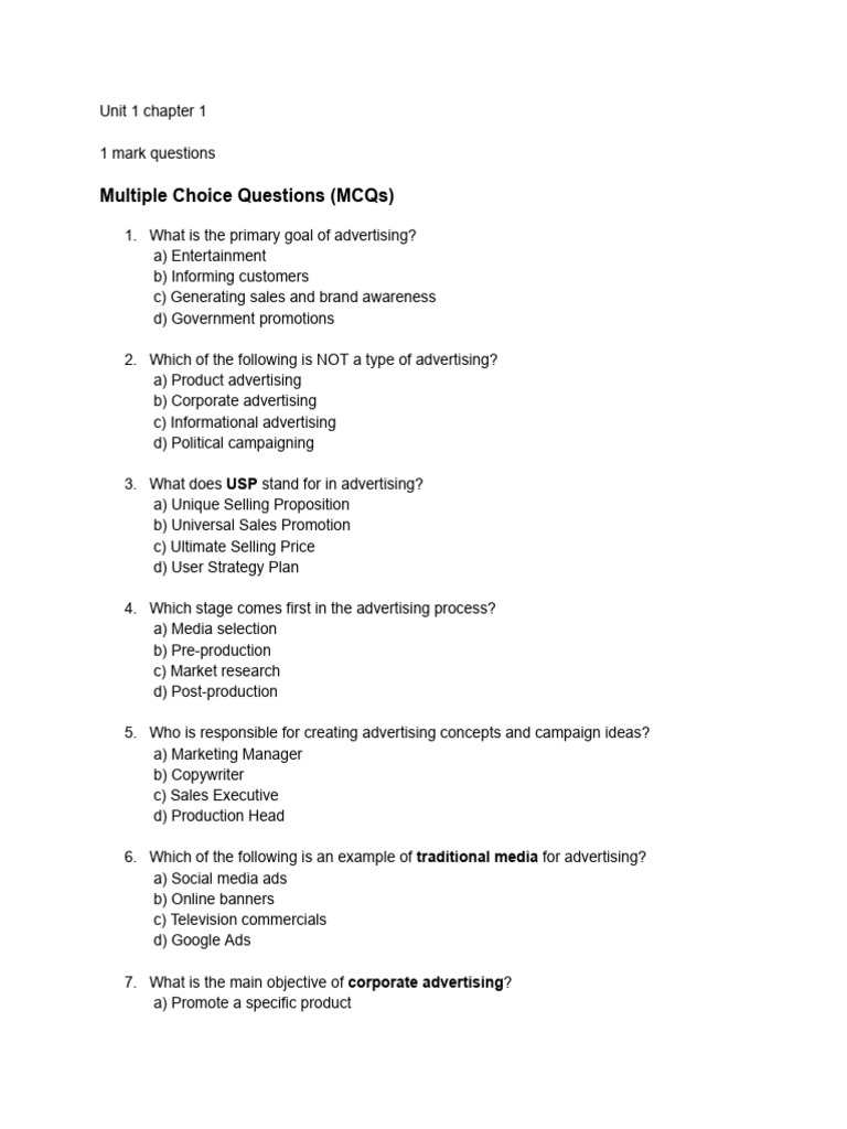 1 Mark Questions Mms Unit1-1 | PDF | Advertising | Brand