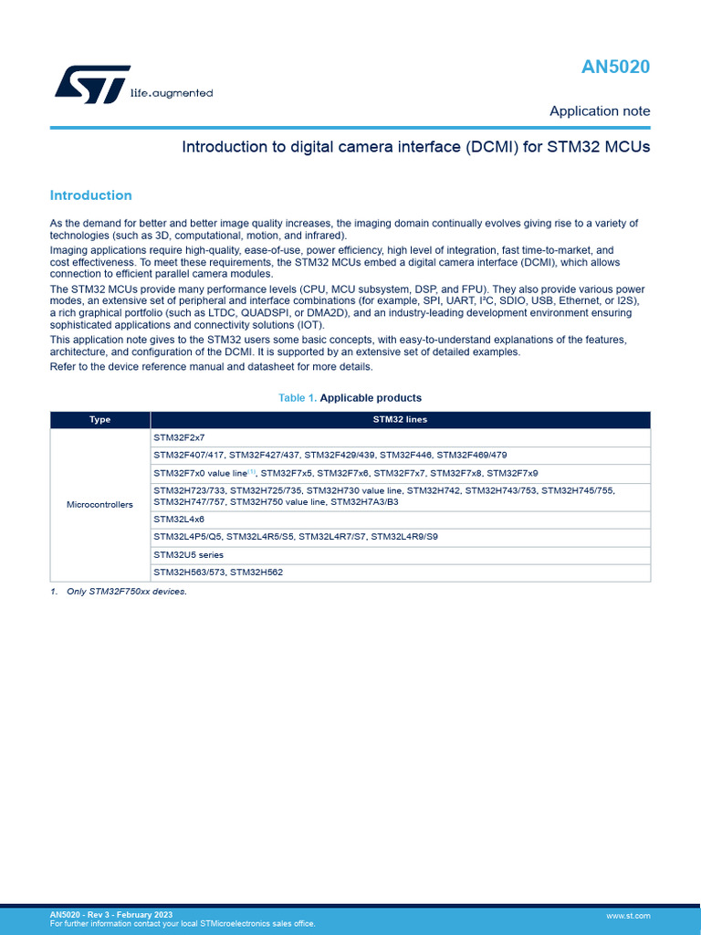 An5020 Digital Camera Interface Dcmi on Stm32 Mcus Stmicroelectronics | PDF | Camera | Pixel