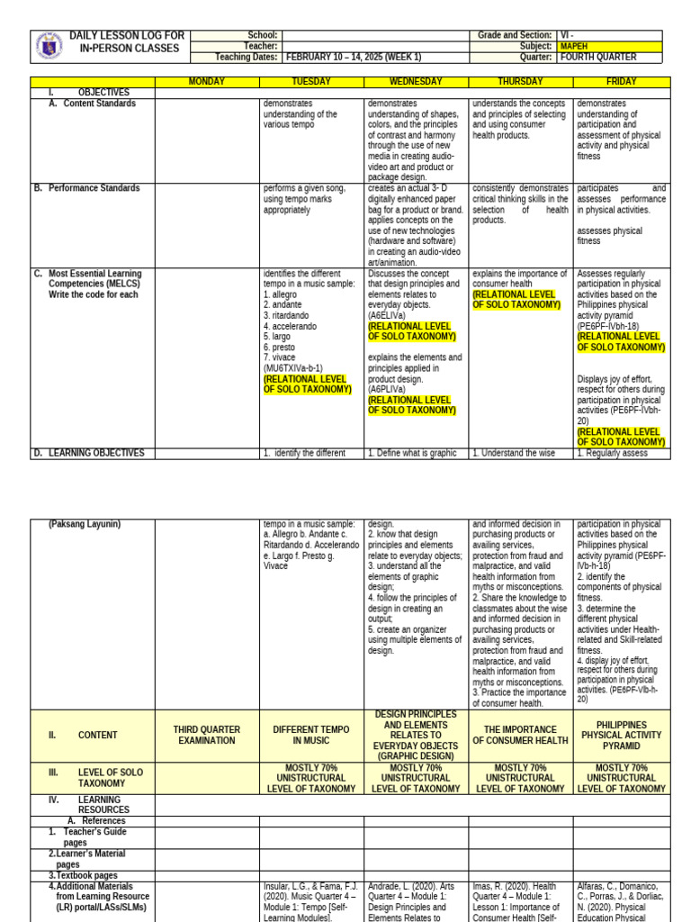 Q4 - Mapeh - DLL - Week 1 | PDF | Composition (Visual Arts) | Tempo