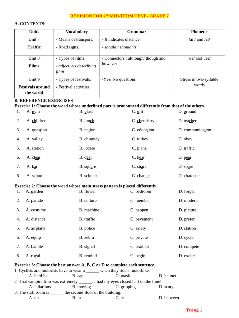 De-cuong-on-giua-HK2-Tieng-Anh-7 | PDF | Traffic
