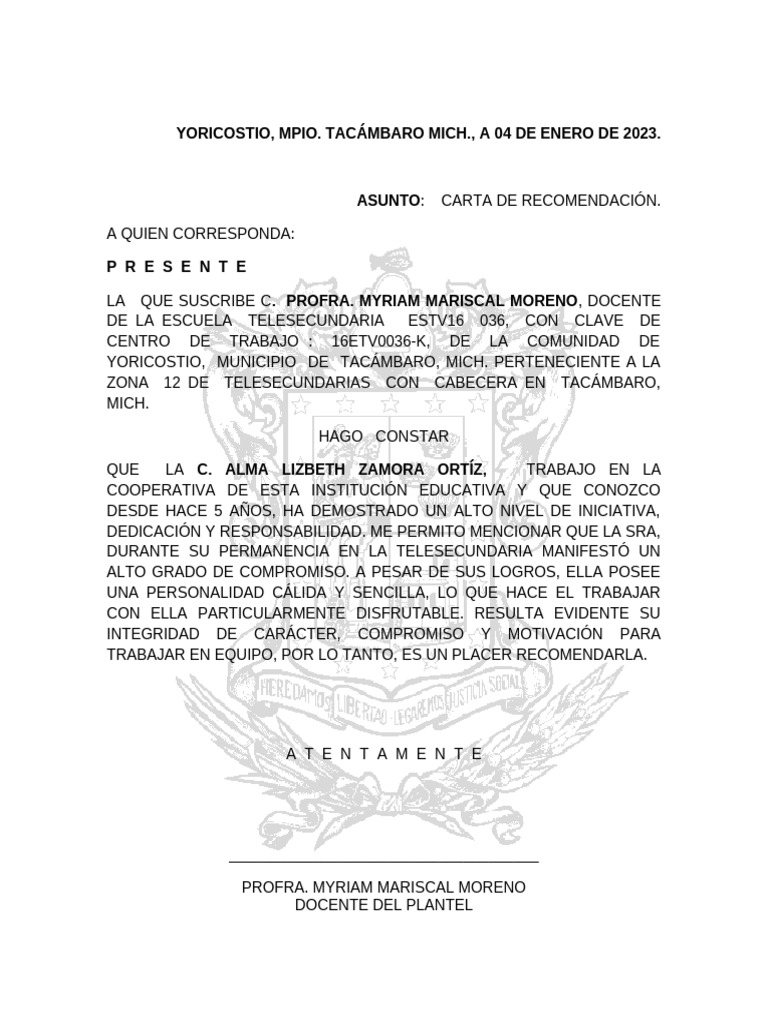 Carta de Recomendación para Alma Zamora | PDF