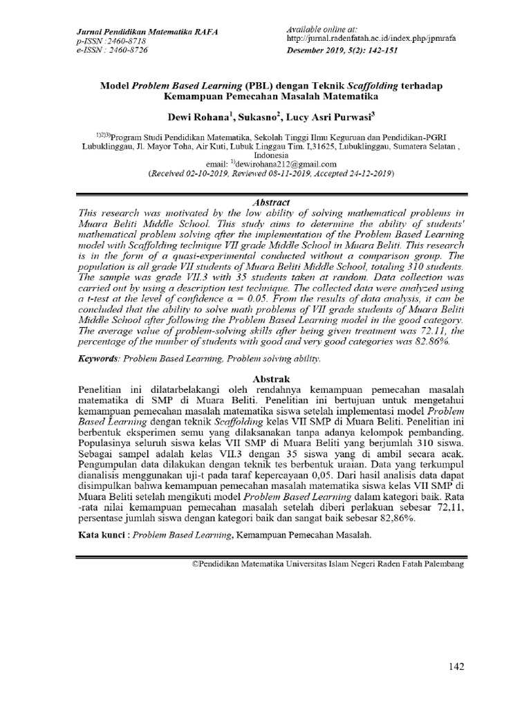 View of Model Problem Based Learning (PBL) dengan Teknik Scaffolding terhadap Kemampuan ...