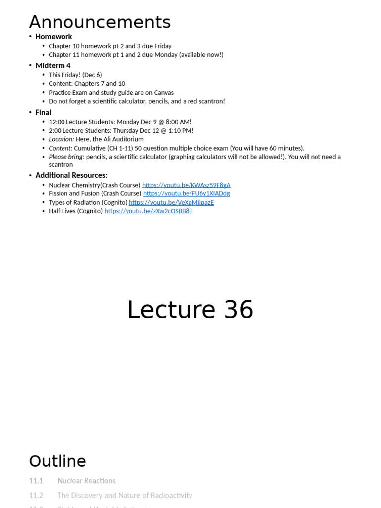 Lecture 36 Half Lives, Transmutation, Fission, Fusion (No Solutions ...