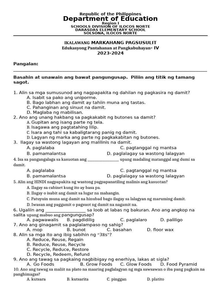 Q2 - E.P.P. 4 - Test Paper | PDF