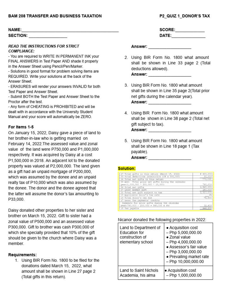 P2 Quiz 1 Donors Tax | PDF | Taxes | Donation