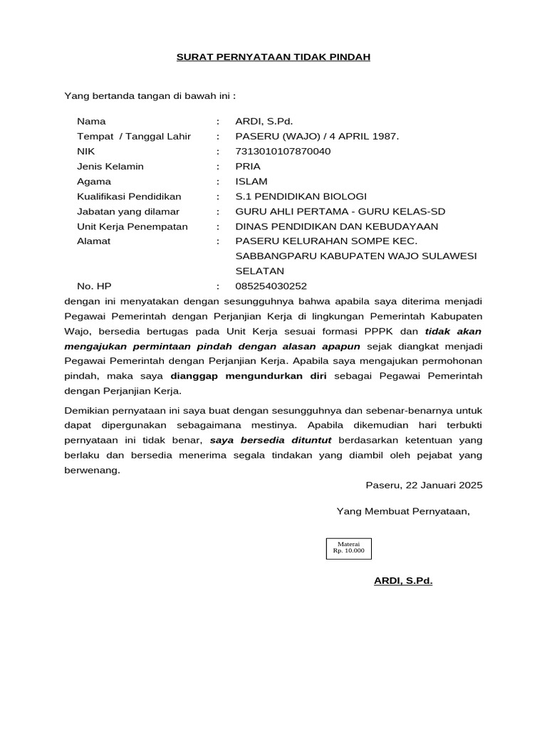 Surat Pernyataan Tidak Pindah | PDF