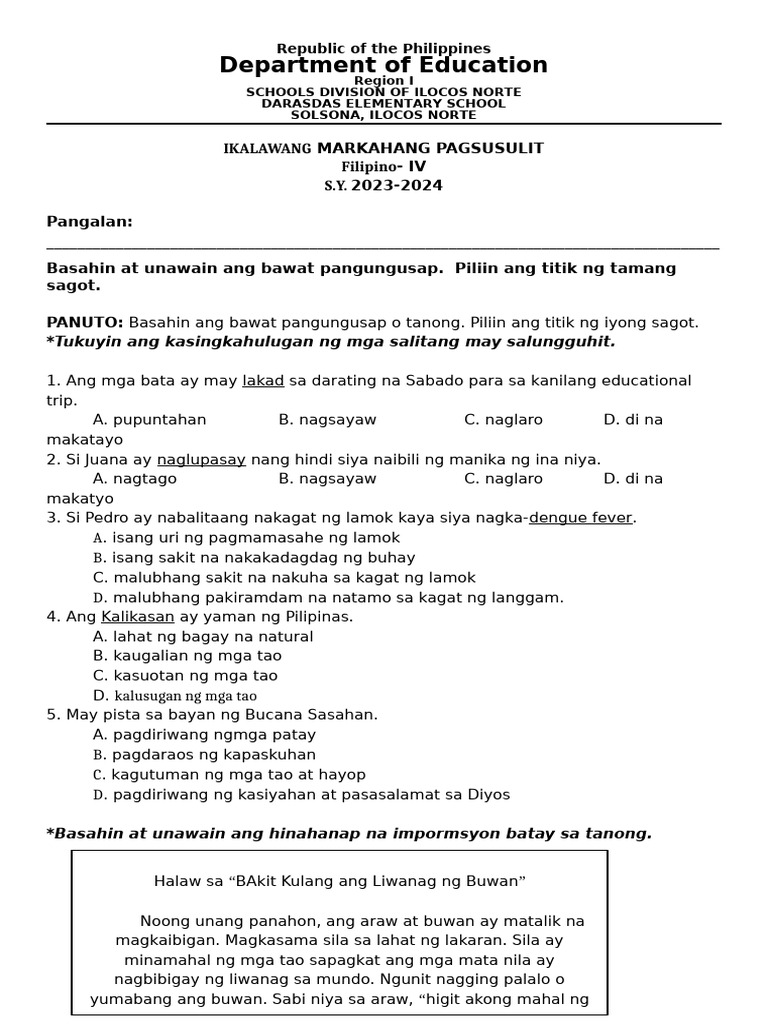 Q2 - FILIPINO 4 - Test Paper | PDF