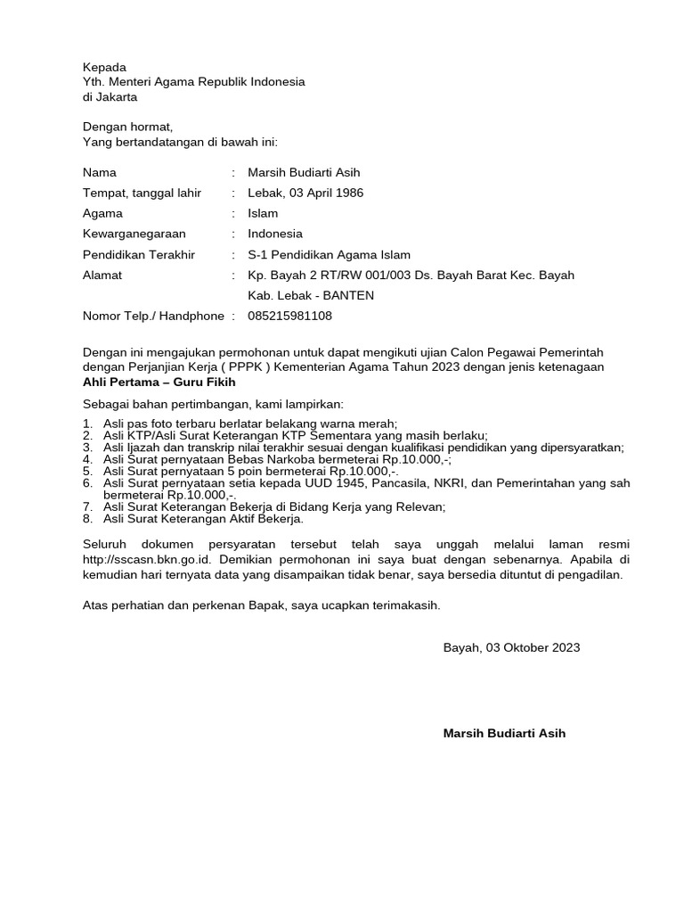 Permohonan PPPK Kementerian Agama 2023 | PDF