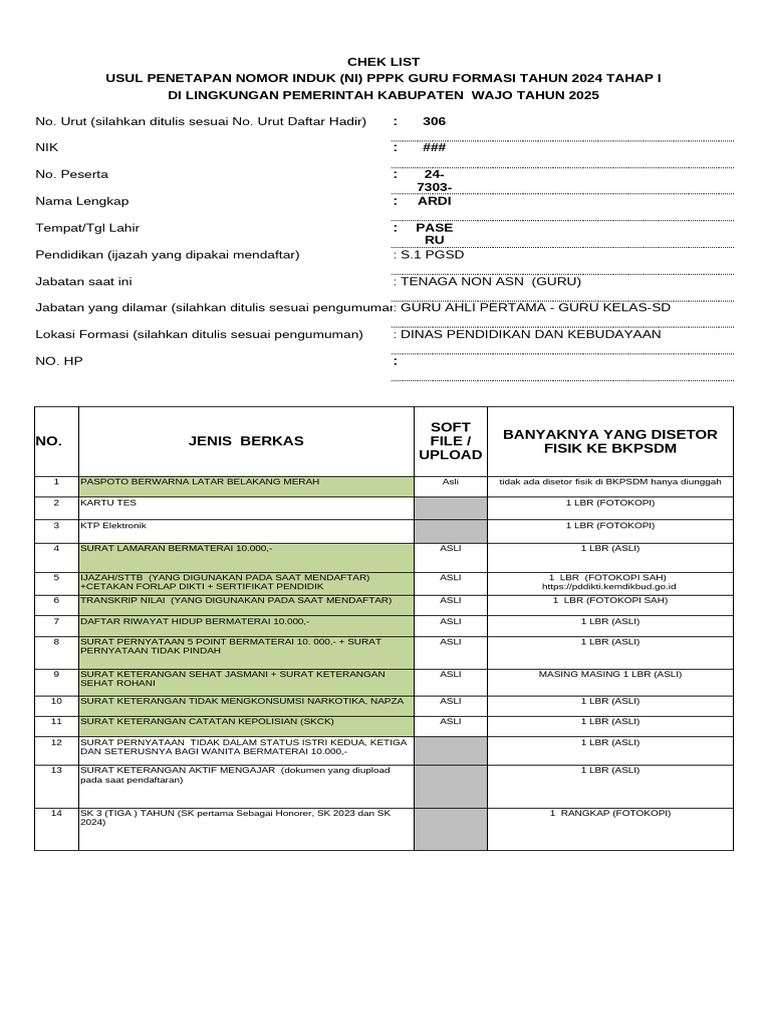 CHEKLIS BERKAS USUL NI PPPK FORMASI 2024 - Guru | PDF