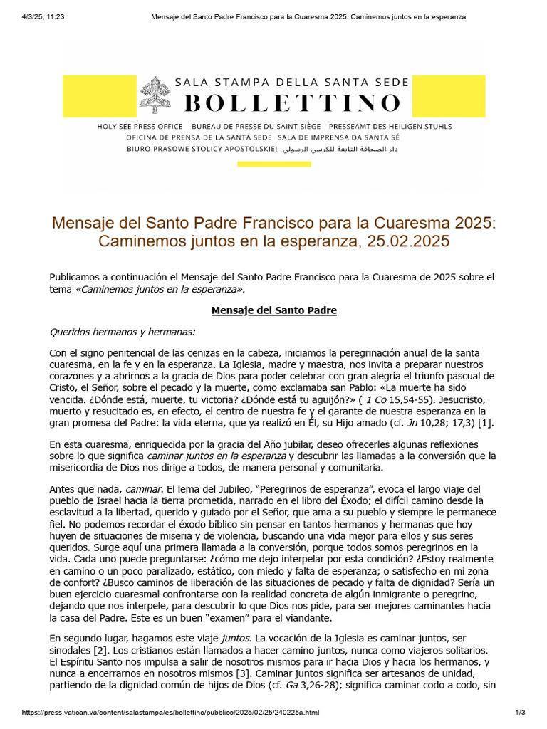 Mensaje Del Santo Padre Francisco para La Cuaresma 2025 - Caminemos Juntos en La Esperanza | PDF ...