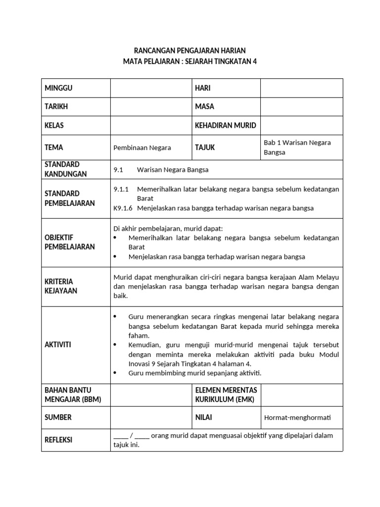 e-RPH Sejarah Tingkatan 4 - Bab 1 | PDF