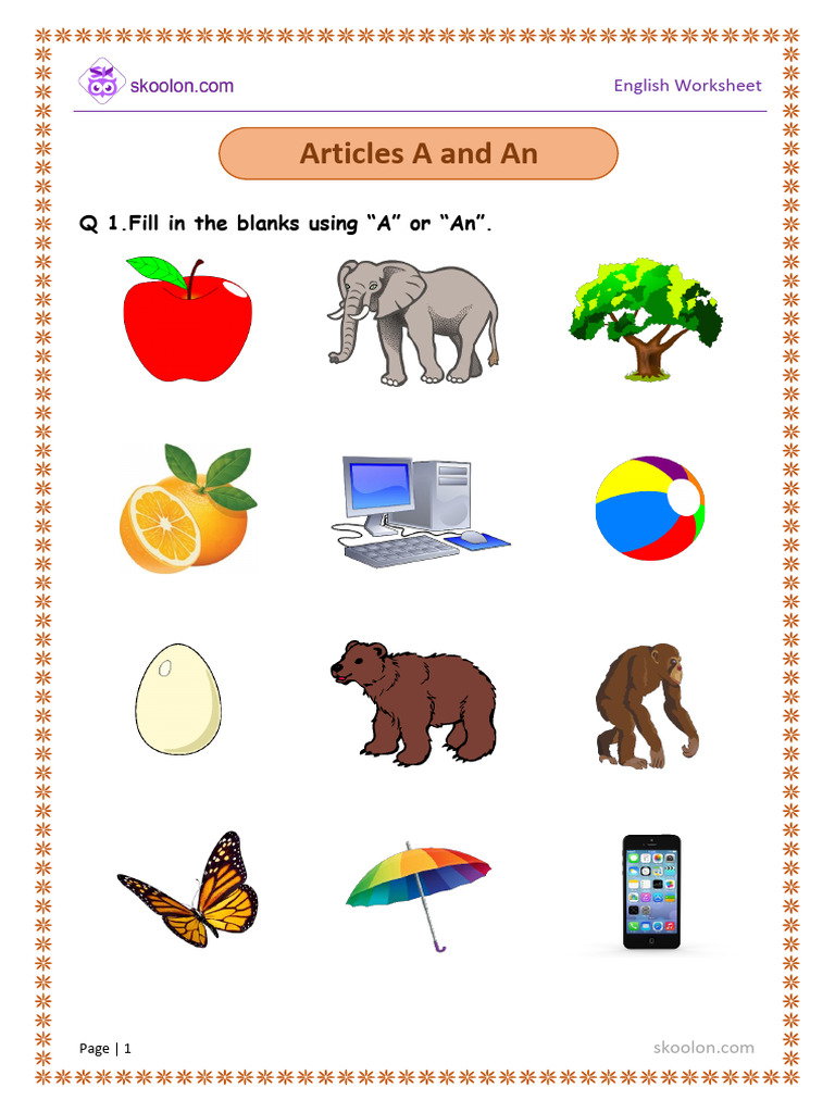 Articles A and An Worksheet for Kids | PDF