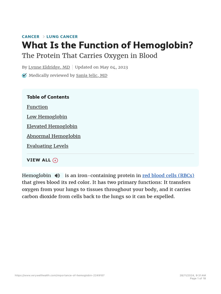 Understanding Hemoglobin Functions | PDF | Anemia | Hemoglobin