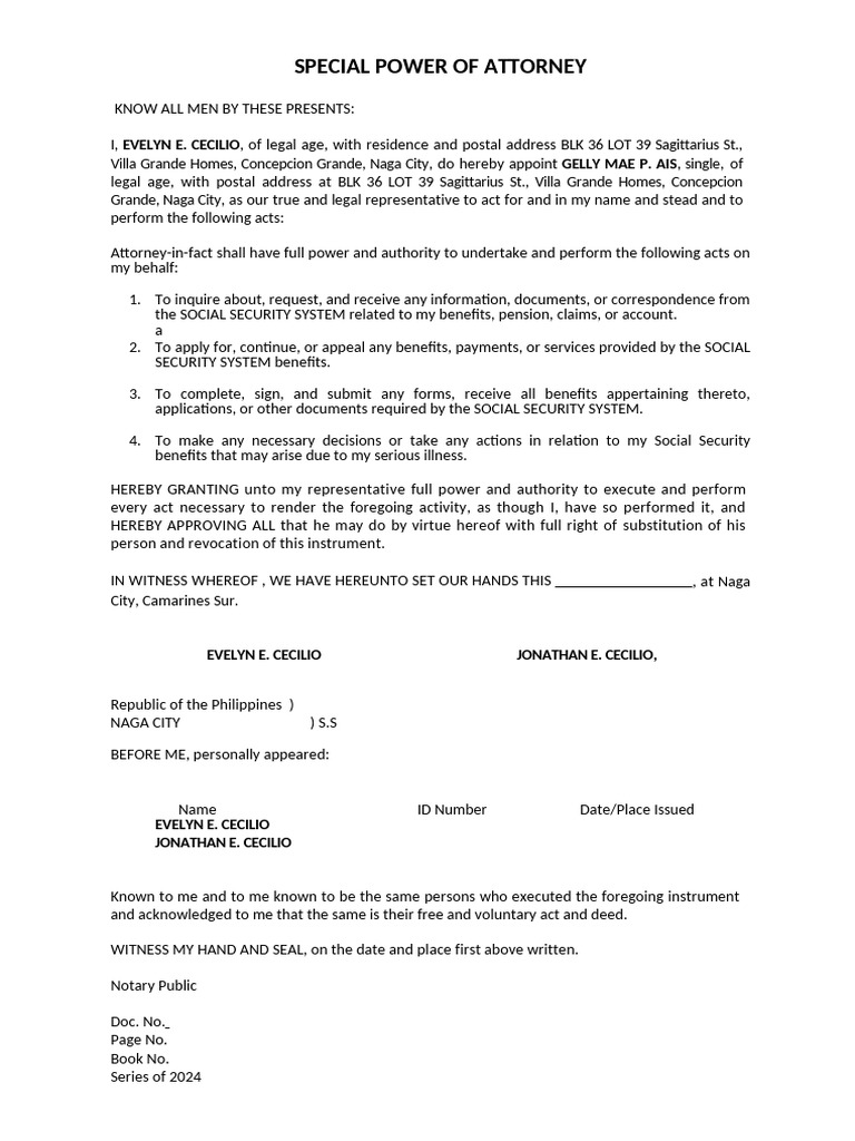 Special Power of Attorney for Social Security | PDF