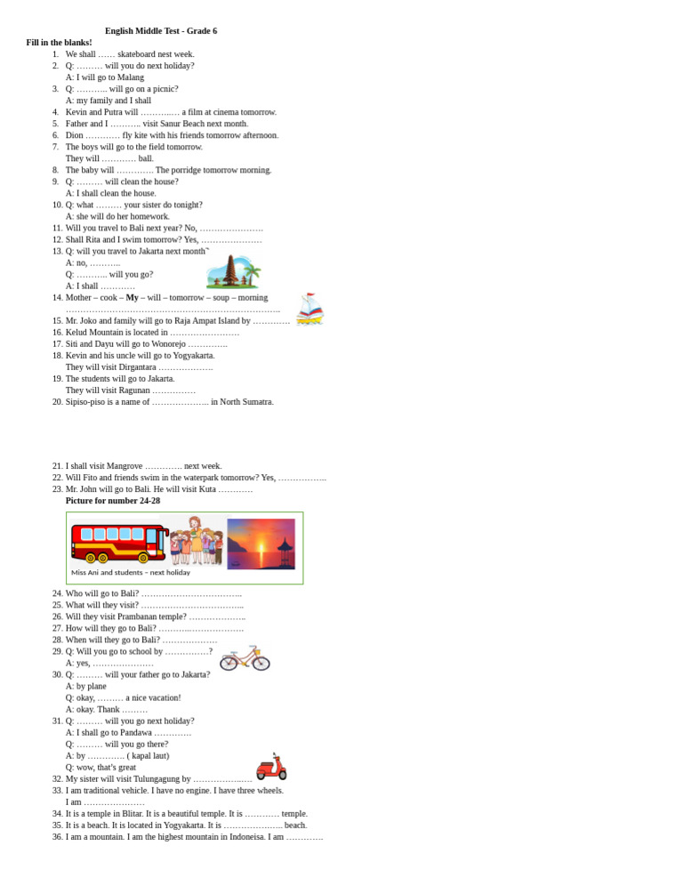 Grade 6 English Middle Test: Fill in Blanks | PDF