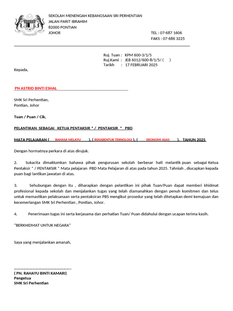 Surat Lantikan Pbs Pbd 2025 Ssp | PDF