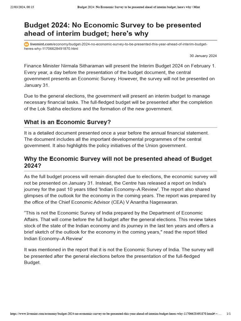 Budget 2024 - No Economic Survey To Be Presented Ahead of Interim ...