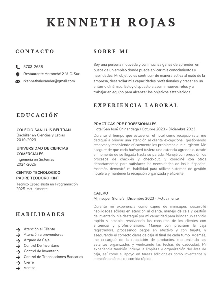 Kenneth Rojas Curriculum | PDF | Hotel