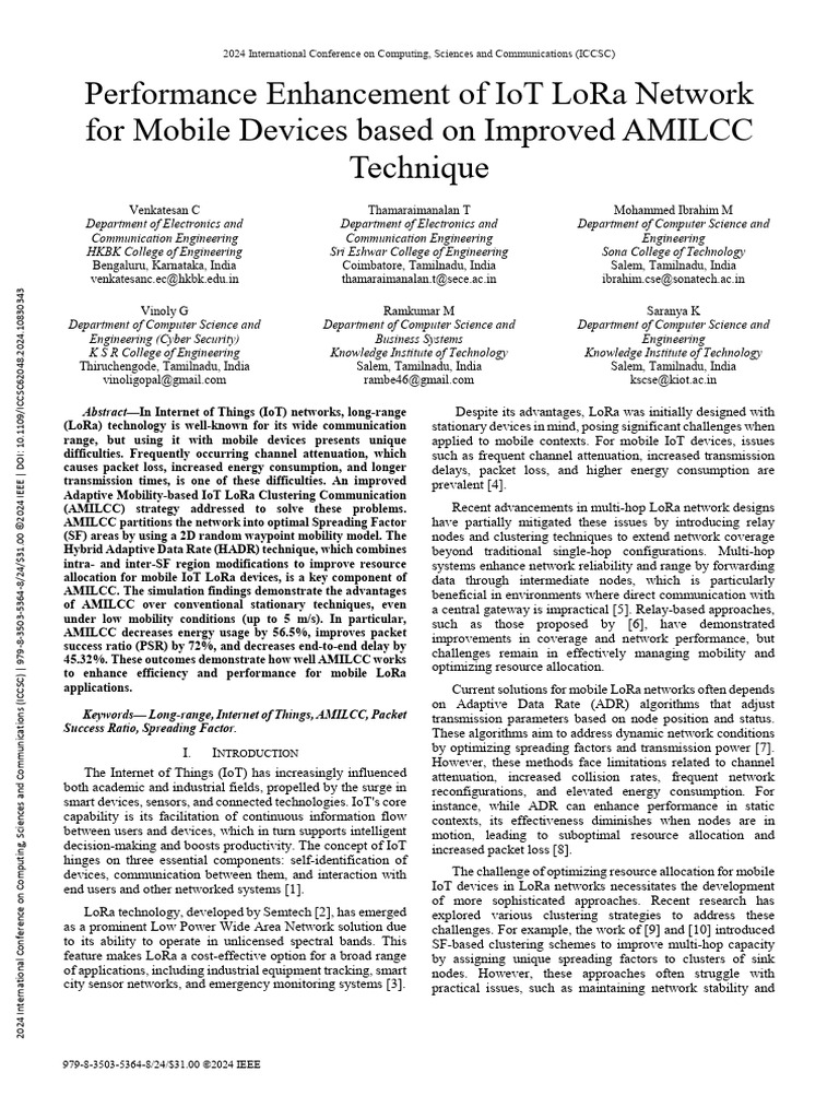 Performance Enhancement of IoT LoRa On Improved AMILCC Technique | PDF | Computer Network ...